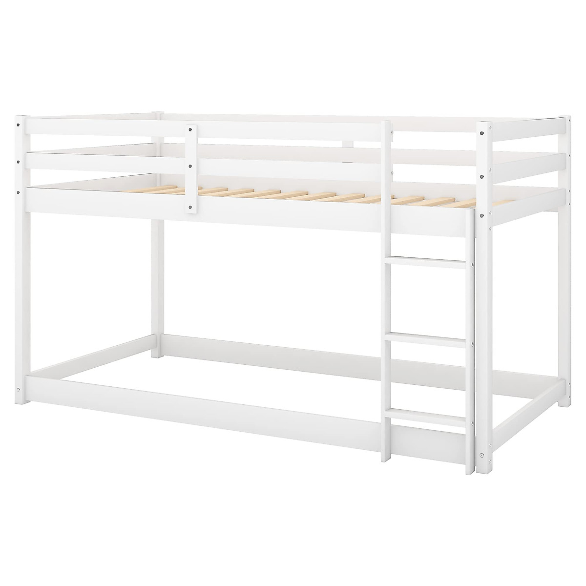 Harper & Bright Designs Low Twin Over Twin Kids Bunk Beds, Solid Wood Floor Bunk Bed Frame with Ladder, Toddler Bunk Bed with Slat, Safety Guardrail for Kids Boys Girls Teen (White)