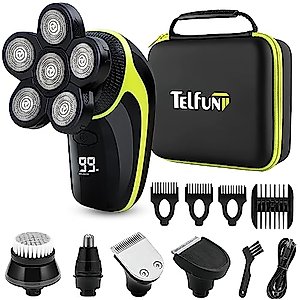 Telfun Head Shavers for Bald Men, 5-in-1 Head Electric Razor with Nose Hair Sideburns Trimmer, Waterproof Wet/Dry Mens Grooming Kit, LED Display, IPX7-Waterproof, Gifts Travel Case