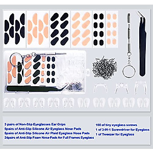 Tosvimia Upgrade Multi-Function Eyeglass Repair Kit, Include Anti-Slip Silicone Eyeglass Nose Pads, Screwdriver, Non-Slip Eyeglasses Ear Grips, Screws, Tweezer for Glasses, Sunglass, Reading Glasses