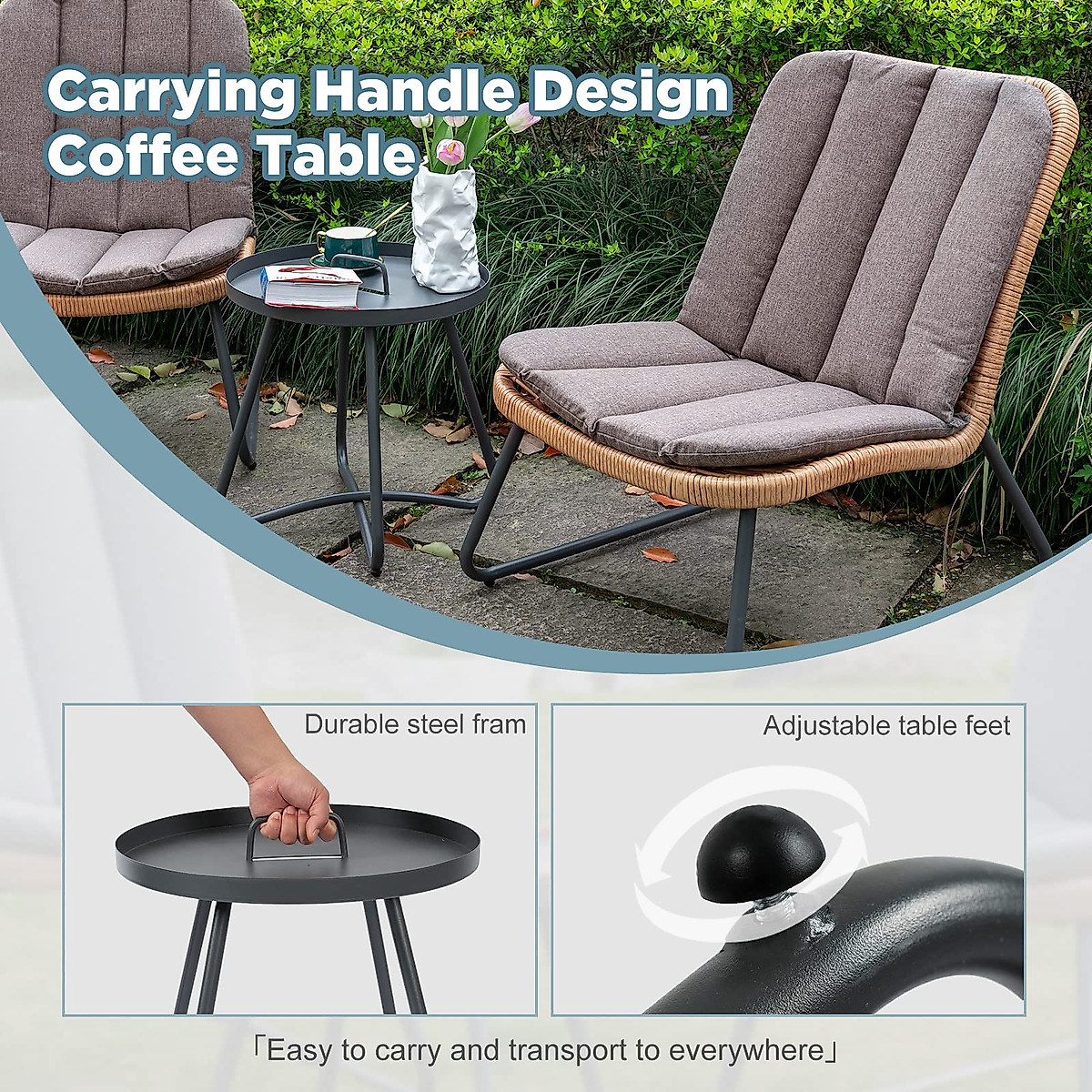 3PCS Patio Conversation Set Rattan Patio Furniture Set Adjustable Feet L-shaped Wicker Furniture Set with Portable Table Outdoor Patio Bistro Set Soft Cushions Detachable Balcony Backyard Deck