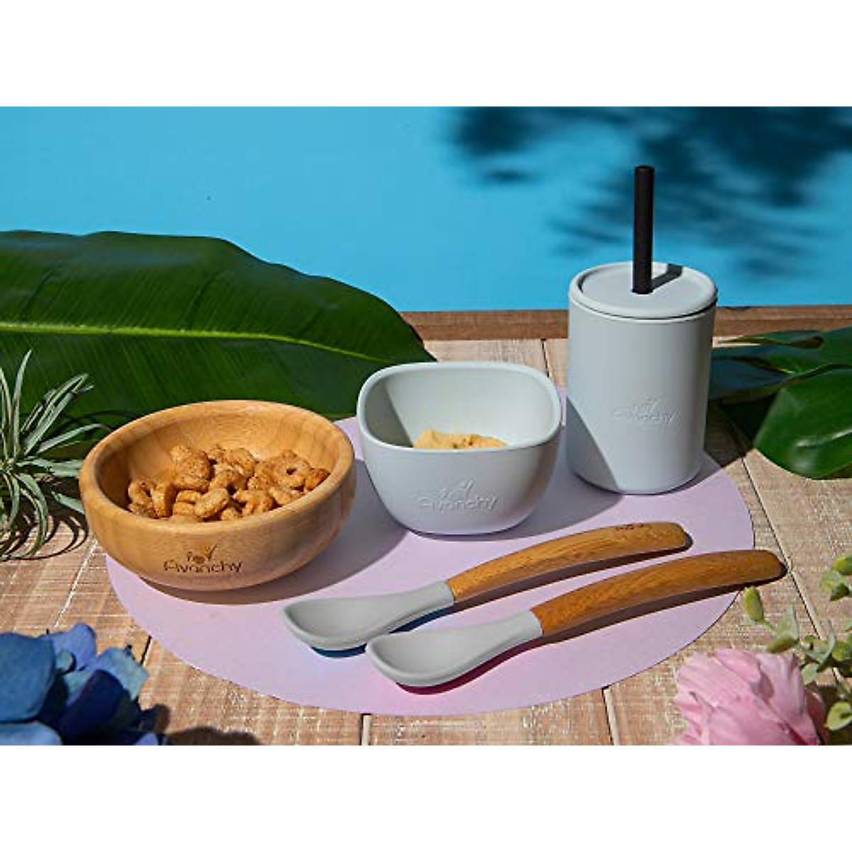 Avanchy Bamboo La Petite Family Collections Gift Set Green - Includes Mini Bamboo Bowl, Silicone Bowl, Silicone Cup, and Bamboo Baby and Infant Spoons - Baby Dishes Set - Baby Shower Gifts