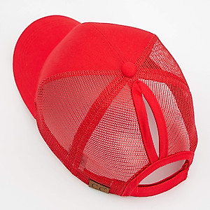 C.C Hatsandscarf Ponytail caps Messy Buns Trucker Plain Baseball Cap (BT-4) (Red)