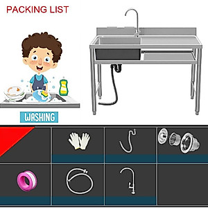 NYCDA Commercial Restaurant Sink, Single Bowl Sink W/Knife Holder, Stainless Steel Outdoor Sink, Freestanding Kitchen Sink, with Hot and Cold Water Faucet 120x50x80cm/47.2x19.7x31.5in Left