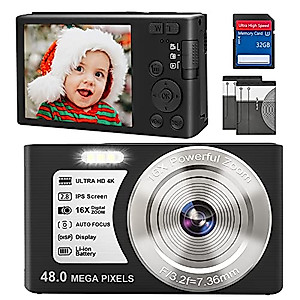 4K Digital Camera, 16X Digital Zoom Compact Camera, 48MP Auto Focus Vlogging Camera for Teen, Student, Beginner, 2.8 inch Screen, 2 Batteries, 32GB SD Card (Black)