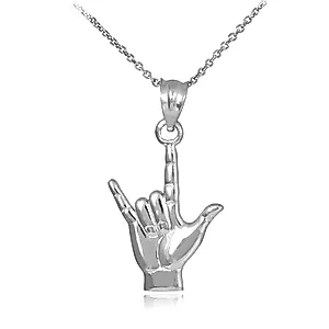 Sideways Crosses 10k White Gold I Love You Hand Sign Language Charm Pendant Necklace, 18"