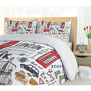 Ambesonne Hipster Duvet Cover Set, I Love London Double Decker Bus Telephone Booth Cab Crown of United Kingdom Big Ben, Decorative 2 Piece Bedding Set with 1 Pillow Sham, Twin Size, White Red