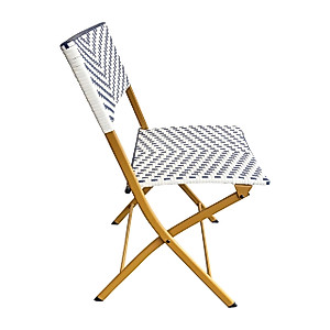 EMMA + OLIVER Ciel Two Piece Folding Bistro Chairs - Navy and White PE Rattan - Natural Finish Metal Frames - Indoor/Outdoor Use