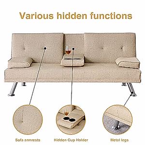 JCSTEU 67" Leather Sofa Bed with Cup Holder, Folding Sleeper Loveseat Couch with Adjustable Backrests, Convertible Loveseat Sofa for Living Room, Apartment,600 LBS Support (Beige)