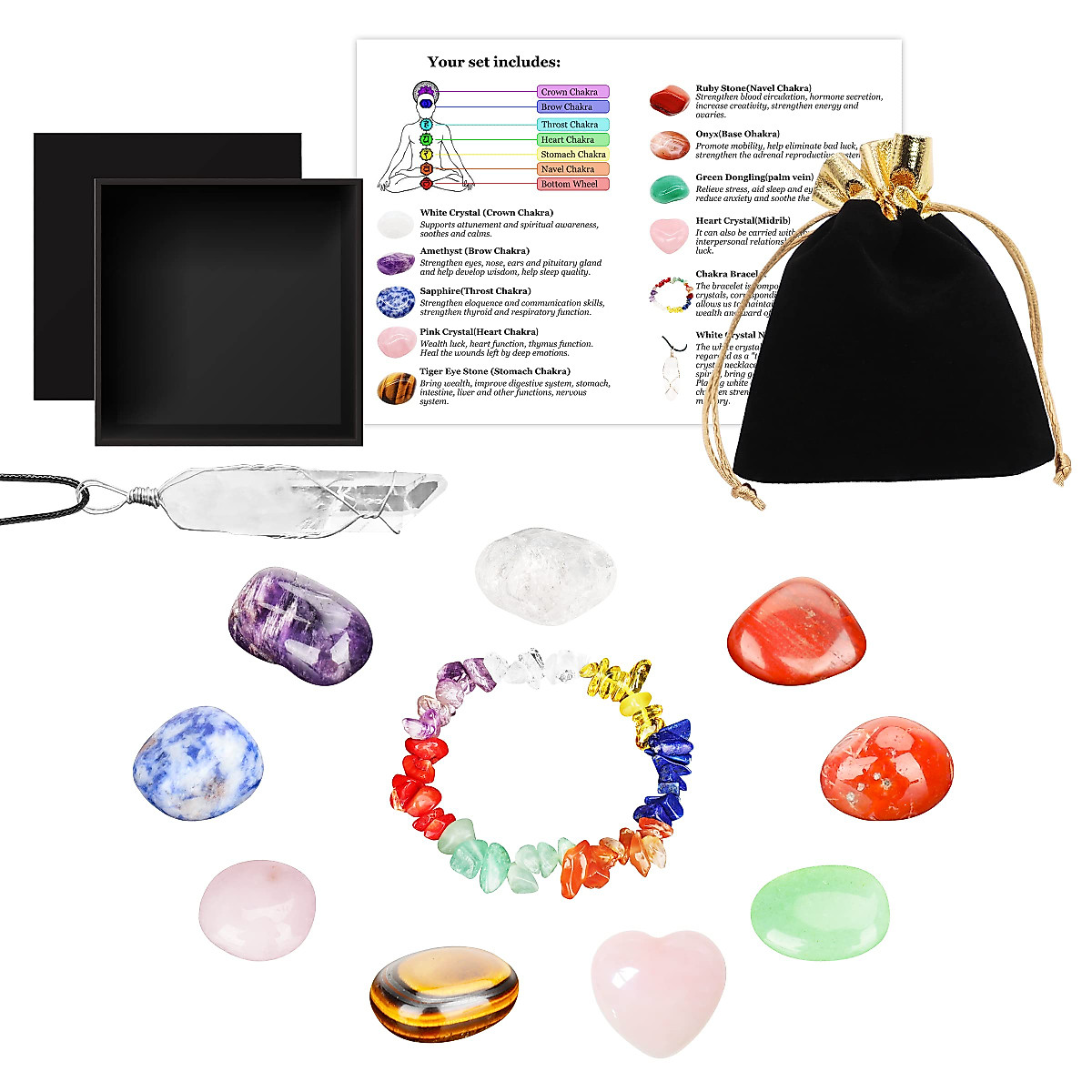 Chakra Crystals and Healing Stones Set, 9 Nature Tumbled Stone Necklace Bracelet Colorful Stone Gift Box,Rose Quartz Heart Polished Stone for Energy Reiki Balance and Anti-Anxiety+Guide…