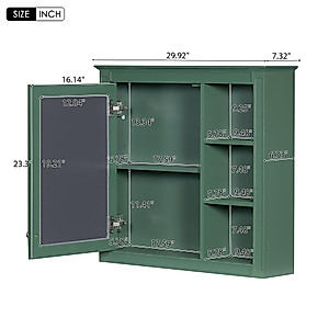 Royard Oaktree Bathroom Wall Mirror Cabinet, Modern Medicine Cabinet with Single Door and Adjustable Shelf, Over The Toilet Space Saver Storage Cabinet with 3 Open Shelves, Green