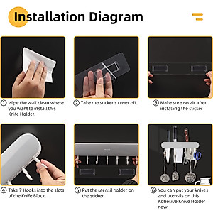 hancook Adhesive Knife Holder with 3 Slots for Knives Easy Cleaning Wall-Mounted Kitchen Knife Block 7 Hooks for Utensils