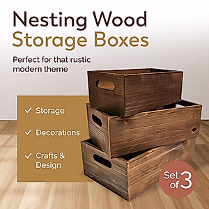 Steezu Nesting Wood Storage Boxes, Burnt Umber Stained Wooden Crate, Use as a Decorative Box, Rustic Decor Piece, Kitchen Storage and More, Wooden Box Set of 3
