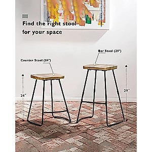 JUBILOOM 24 Inch Bar Stools, Counter Height Bar Stools with Metal Leg, Kitchen Stools with Wood Saddle, Industrial Backless Bar Stools for Kitchen Island, Natural Solid Elm Wood Black Metal, 624PNR1