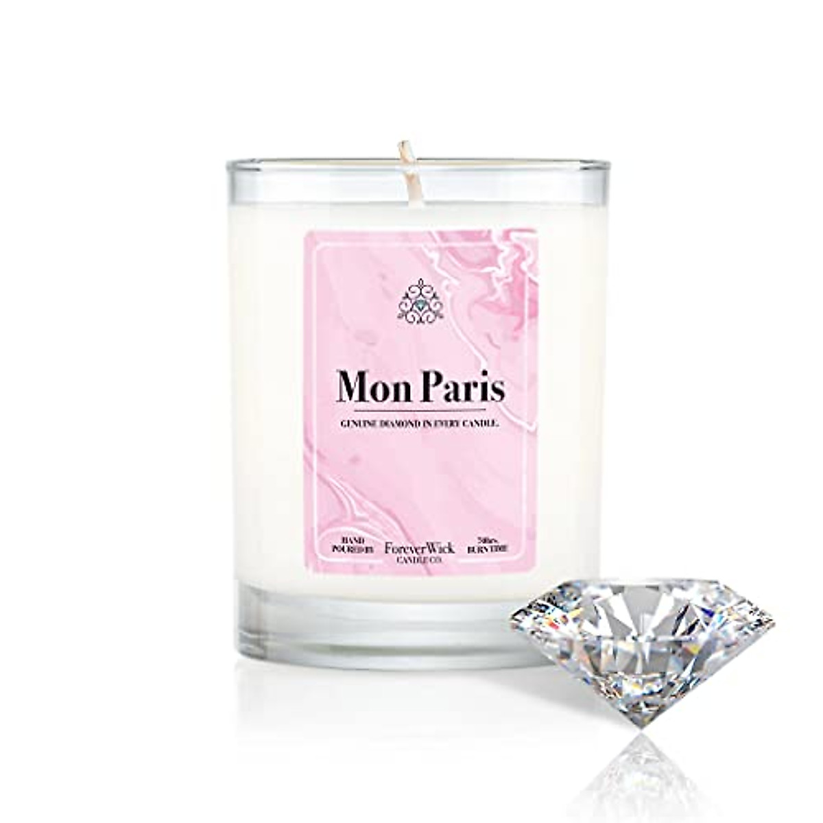 Foreverwick Mon Paris Warm & Floral Surprise Soy Wax Candle with Diamond Inside 14Oz Jar, Large Candles, Scented, Gift Women, Glass, Large Size, Double Pour Inspired, 70 Hours