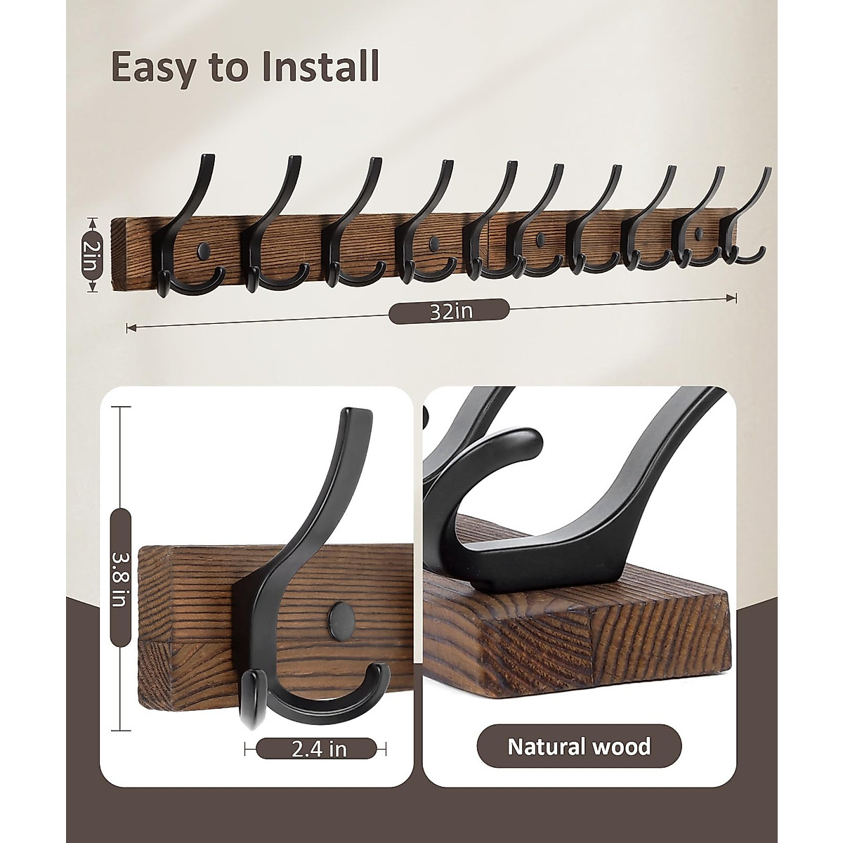 Optish Coat Rack Wall Mount for Entryway, Coat Hanger Wall Mount with 5 Black Tri-Hooks, Wooden Wall Coat Rack with Hooks for Coats, Hats, Towels, Umbrellas,2 Pack