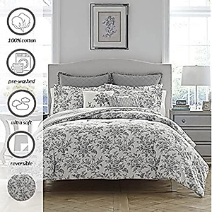 Laura Ashley Home - King Comforter Set, Reversible Cotton Bedding, Includes Matching Shams with Bonus Euro Shams & Throw Pillows (Annalise Grey, King)