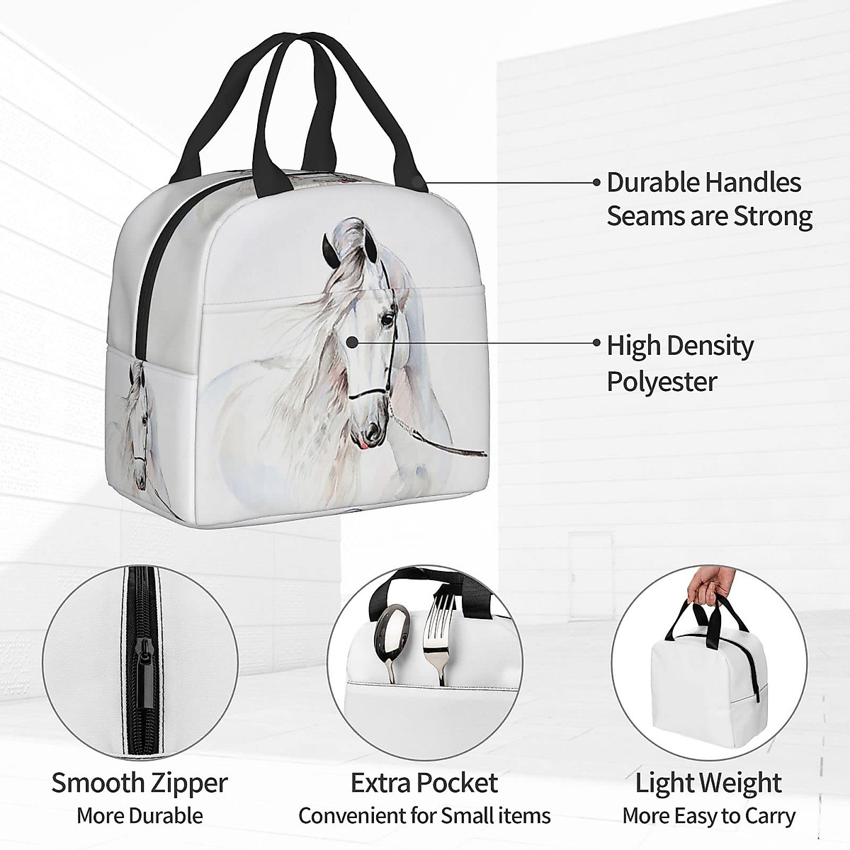 PrelerDIY Watercolor White Horse Lunch Box - Insulated Lunch Bags for Kids Boys Girls Reusable Lunch Tote Bags, Perfect for School/Camping/Hiking/Picnic/Beach/Travel