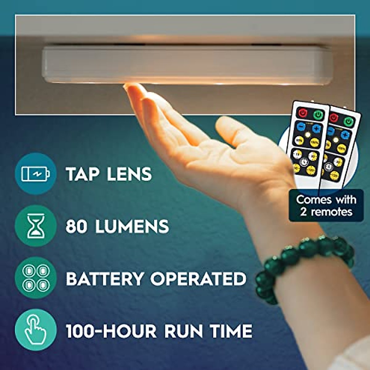 Brilliant Evolution Wireless LED Under Counter Lights 4 Pack with 2 Remote Controls, Under Counter Light Fixtures, Touch Light - Battery Operated Lights with Remote (4pk, 80 Lumens)