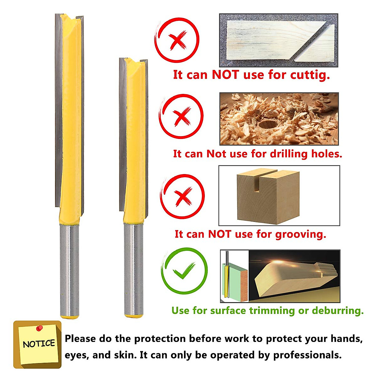 Yakamoz 2Pcs 1/4-Inch Shank Long Straight Router Bit Set Double Flute Straight Bits Wood Milling Cutter Woodworking Tools with 2" & 3" Cutting Height, 3/8" Cutting Dia.