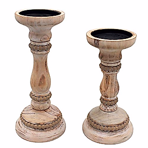 Funly mee Rustic Farmhouse Wooden Candle Holder ,13 Inch and 11 Inch Height Candlesticks with Decorative Bead (Set of 2)