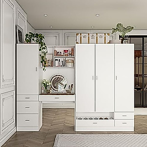 FAMAPY Armoire Wardrobe with Vanity Desk and Lighted Mirror, Armoire with Hanging Rod, Drawers & Shelves, Glass Tabletop, Armoire Closet for Bedroom White (47.2”W x 19.1”D x 70.8”H)