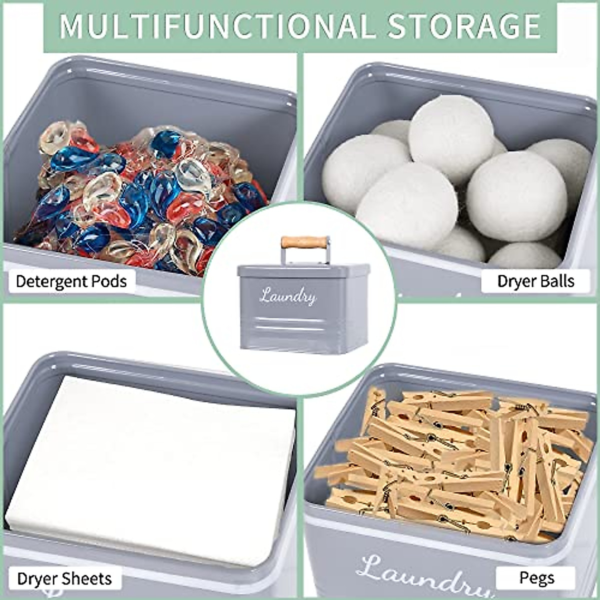 Candco Laundry Dryer Sheets Holder with Lid, Farmhouse Metal Laundry Room Organization, Fabric Softener Dispenser for Laundry Room Decor, Space Saving and Storage (Grey)