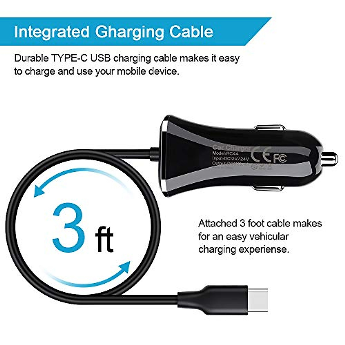 USB Type C Car Charger,Quick Charge 3.4A USB Car Adapter with 3ft Type C Charging Cable for Samsung Galaxy S23 Ultra S22 S21 S20 A10e A20 A50 A51 A52 A70 S10 S9 S8 Plus,Note 20/10,LG G8 G7 V40 V35 V60