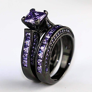 Black Gold Plated Womens Wedding Ring Sets Bridal Sets Princess cut Purple Cz Engagement Ring Wedding Bands