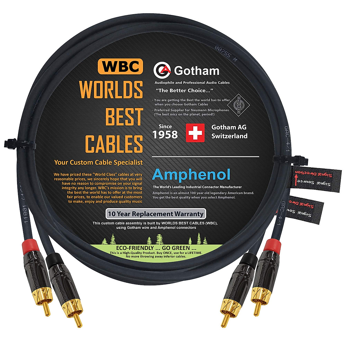2.5 Foot RCA Cable Pair - Gotham GAC-4/1 (Black) Star-Quad Audio Interconnect Cable with Amphenol ACPL Black Chrome Body, Gold Plated RCA Connectors - Directional