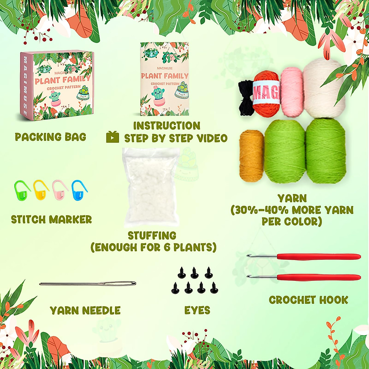 MAGIMUSE Crochet Kit for Beginners, Crochet Starter Kits for Adults Amigurumi Craft Knitting Crochet Kits with Step-by-Step Video Tutorials, 6 Pack Hanging Potted Plants Family(40%+ Yarn