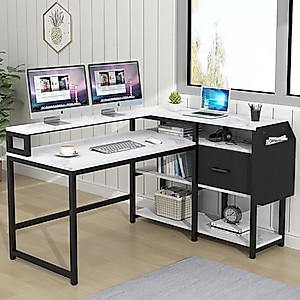 Loomie Reversible L Shaped Computer Desk with Drawer, 55"Wx41"D Industrial Corner Computer Desk with 4 Tier Storage Shelves&Monitor Stand and Storage Bag,Study Table for Home Office, White Faux Marble
