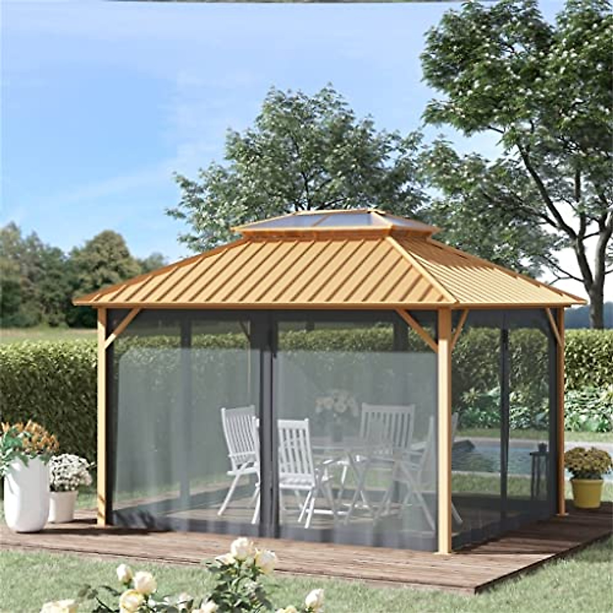 Generic 12' x 10' Hardtop Gazebo Steel Canopy Outdoor Pergola with Aluminum Frame and Netting for Patios, Gardens, Lawns