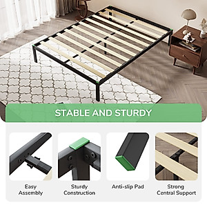 Novilla 14 Inch Queen Bed Frame with Headboard, Platform Bed Frame No Box Spring Needed, Metal Queen Size Bed Frame with Storage Space, Wooden Slats Support, Easy Assembly, Black