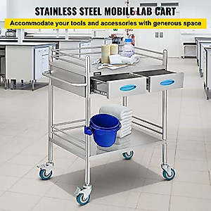 VEVOR Lab Serving Cart Utility Cart Stainless Steel Medical Cart with Two Drawers for lab Equipment Use Grade I Stainless Steel Utility Services (2 Shelves/ 2 Drawer)