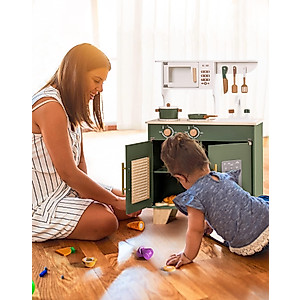 ROBUD Play Kitchen, Kids Kitchen Playset with Pretend Ice Cube Dispenser for Kids Aged 3+, Wooden Toy Kitchen of Birthday Gift to Kids, Vintage Green