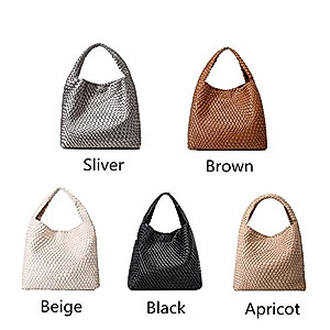Fashion Woven Handbags Women Vegan Leather Tote Bag Large Summer Beach Travel Handbag and Purse Retro Handmade Shoulder Bag (Apricot)