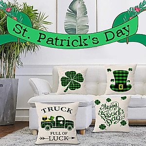 SIBOSUN St Patricks Day Pillow Covers 18x18 Inch Set of 4 Clover Black and Green Buffalo Plaid Shamrock Decorative Throw Pillowcase Lucky Clovers Linen Cushion Case for Home Couch Sofa Decorations