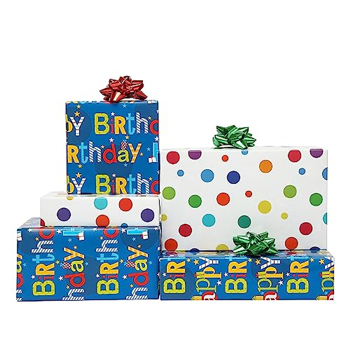 U'COVER Reversible Happy Birthday Wrapping Paper Roll for Kids Boys Girls - Birthday Greeting,Polka Dots Design Gift Wrapping Paper for Women Men Baby Shower Holiday 17.7inch×394inch Single Rolls