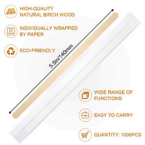 Amkoskr 1000Pcs Disposable Wood Coffee Stir Sticks Stirrers Individually Paper Wrapped Coffee Tea Beverage Stirrers Stirrings 5.5 Inch,140mm