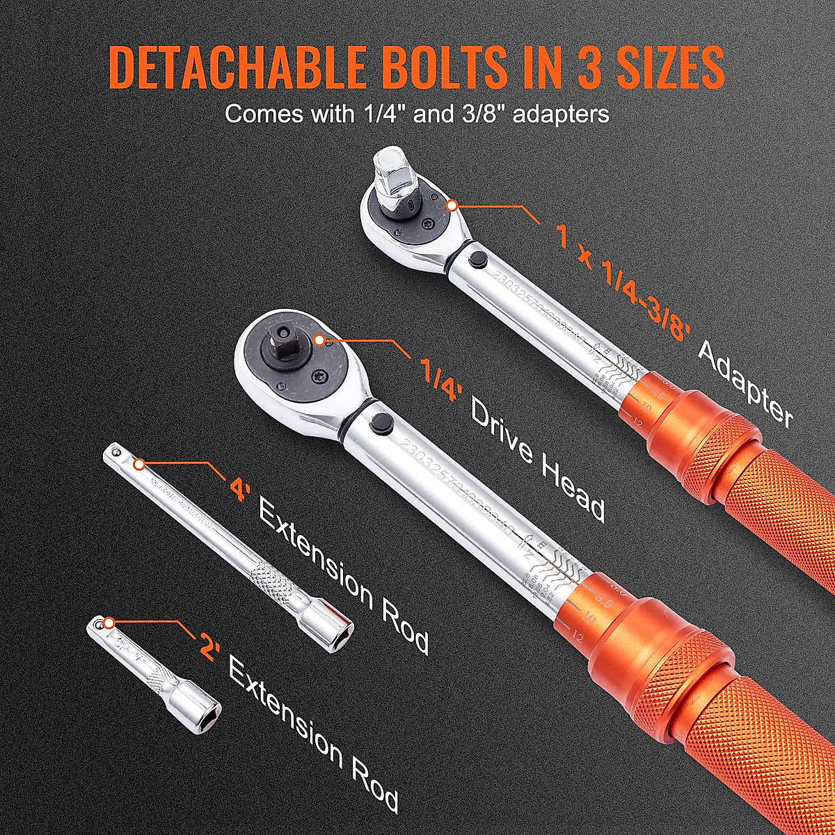 VEVOR Torque Wrench, 1/4-inch Drive Click Torque Wrench 20-200in.lb/3-23n.m, Dual-Direction Adjustable Torque Wrench Set, Mechanical Dual Range Scales Torque Wrench Kit with Adapters Extension Rod