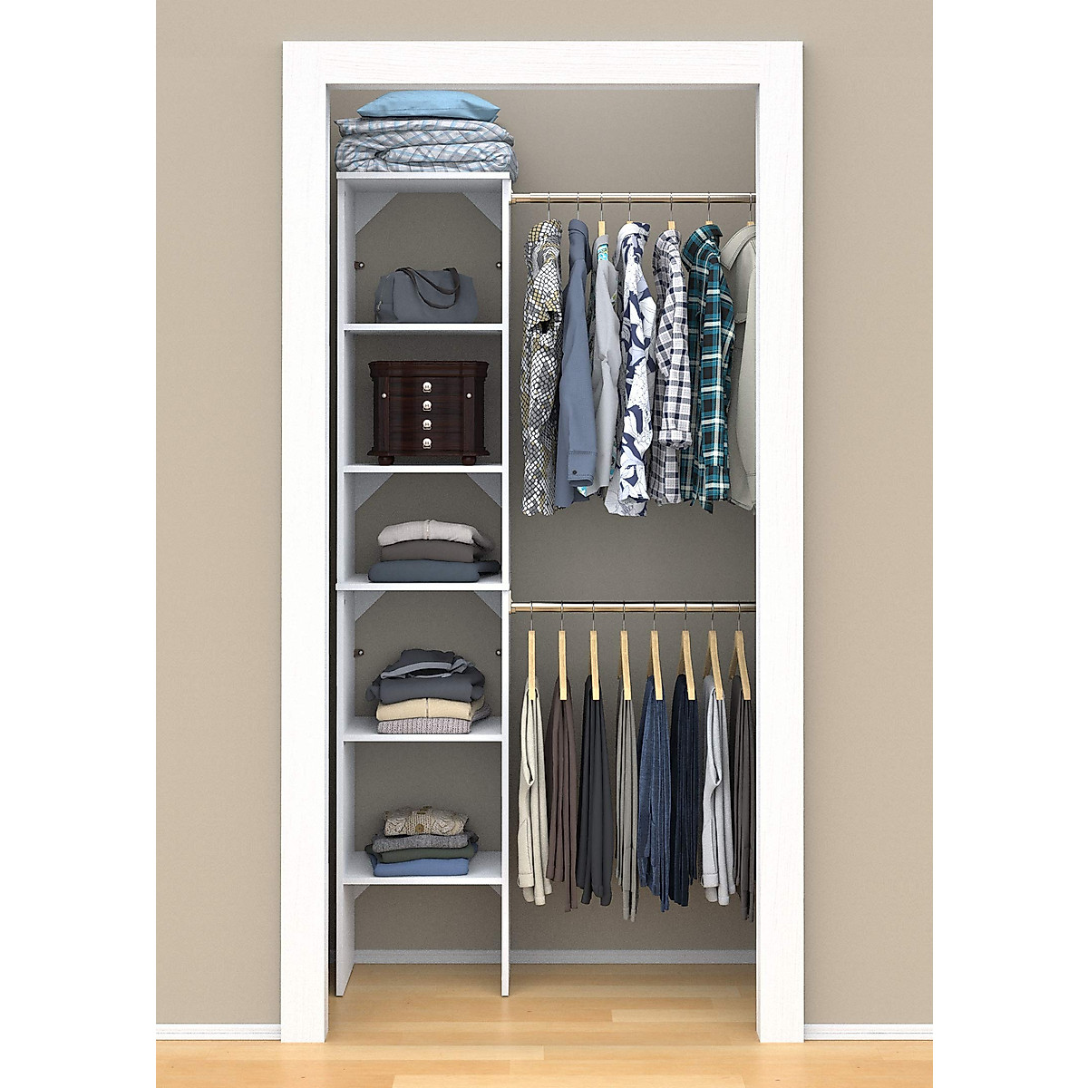 ClosetMaid SuiteSymphony Wood Closet Organizer Starter Kit with Tower and 3 Hang Rods, Shelves, Adjustable, Fits Spaces 4 – 9 ft. Wide, Pure White, 16"
