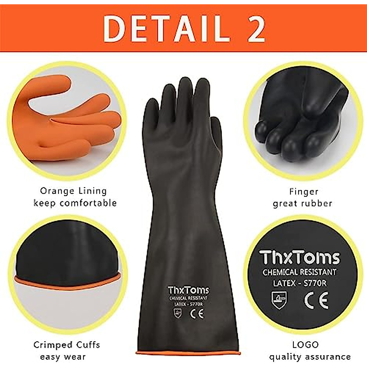 ThxToms Heavy Duty Latex Gloves, Resist Strong Acid, Alkali and Oil, 22", 1 Pair