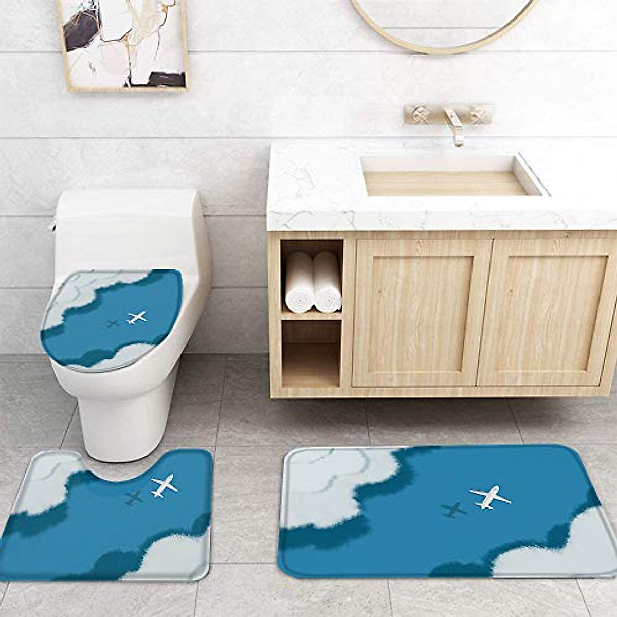 Crystal Emotion 4 Pcs Bathroom Shower Curtains Sets with Rugs, Ocean Sky Cloud, Luxury Toilet Lid Cover, Bath Mat，Waterproof Fabric Shower Curtain with 12 Hooks for Hotel/Bathroom Airplane