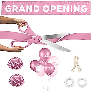 Deluxe Grand Opening Ribbon Cutting Ceremony Kit - 25" Giant Scissors with Pink Satin Ribbon, Banner, Bows, Balloons & More