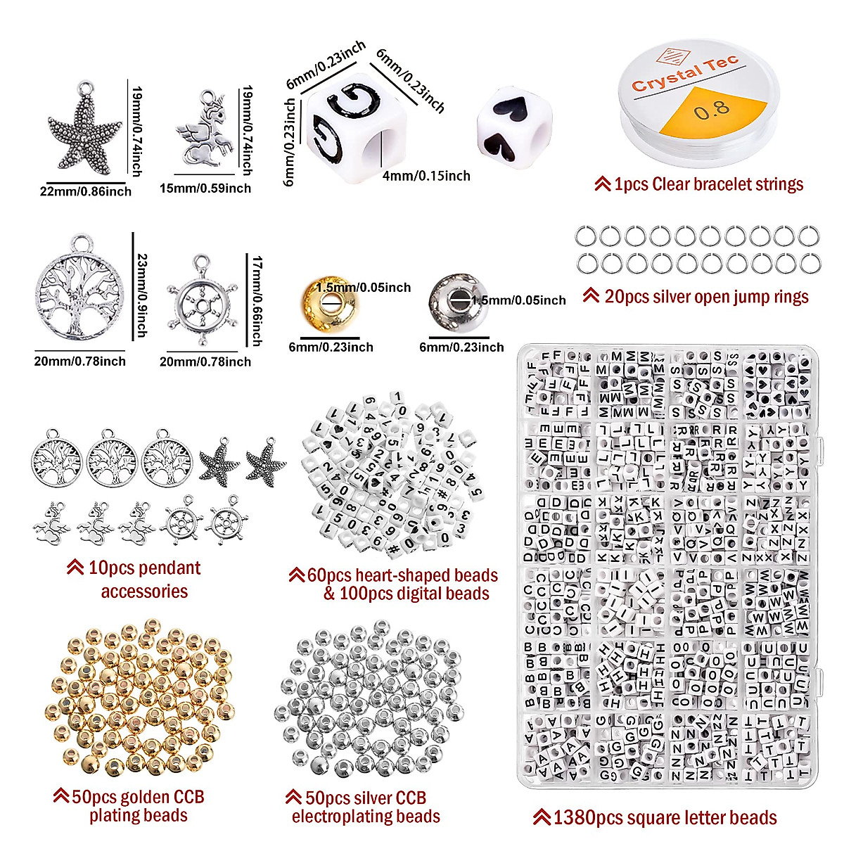 Heflashor 1900pcs Letter Beads for Bracelets 9 Color Acrylic Cube Square Alphabet Number Beads A-Z and Heart Beads with 1 Roll Elastic Crystal String Cord for Jewelry Making/Necklaces,6 X 6mm