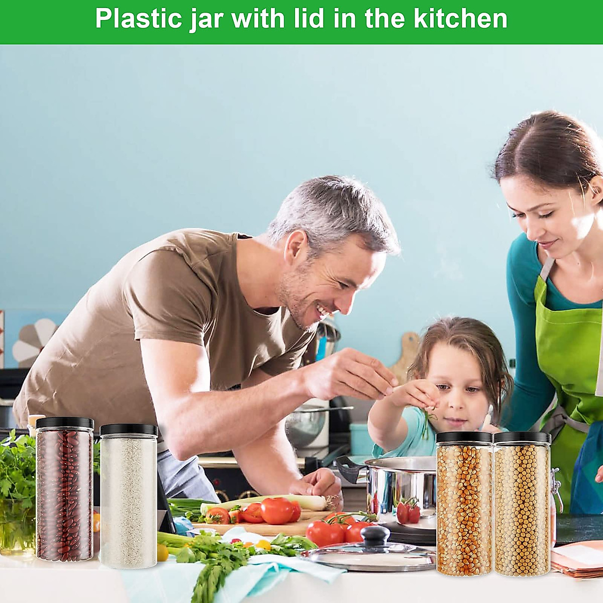 LISHINE 8 Pack 32 oz Plastic Jars with Lids Clear Airtight Food Storage Jars with Lids Reusable Round Empty Plastic Cylinder Container with Black Lids for Kitchen Food & Home Storage of Cookie