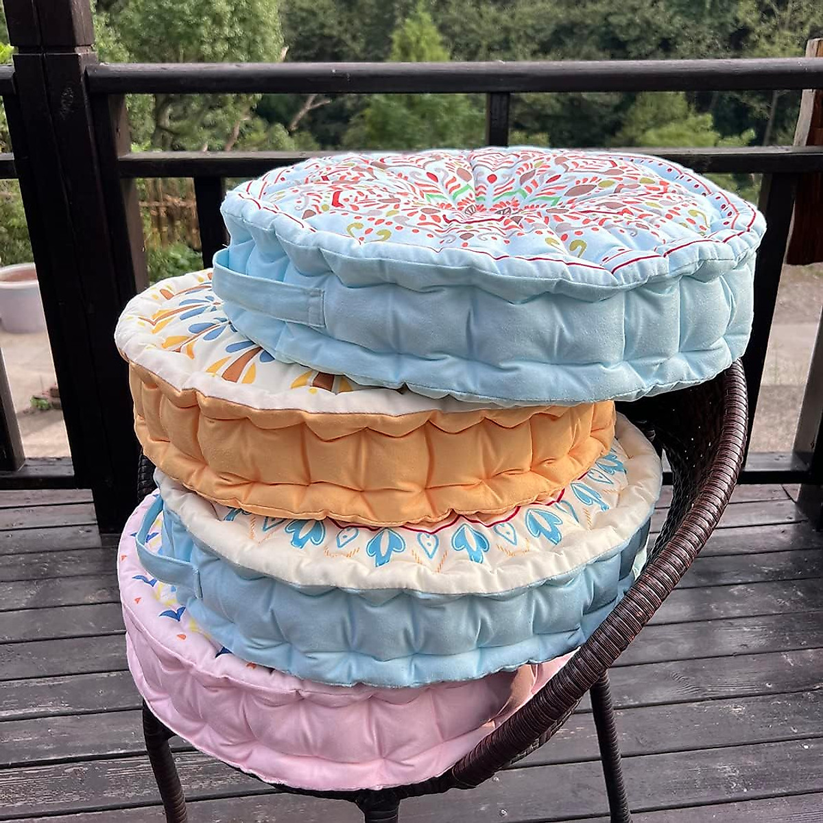 vctops Boho Print Round Chair Pad with Handle Soft Velvet Chiar Cushion Floral Pattern Thicken Seat Cushion for Dining Chairs, Office Chairs, Hardwood Floors (Blue A,16"x16")