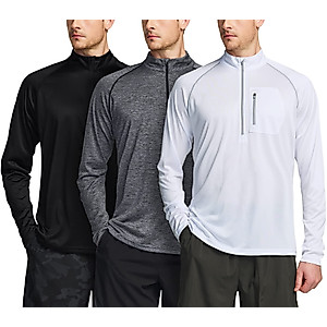 ATHLIO Men's Long Sleeve Athletic Shirts - Quick Dry, UV Sun Protection, 1/4 Zip Pullover Running Tops, 3-Pack Black/Carbon Grey/White, Large