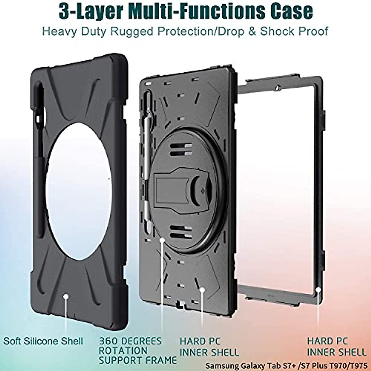 Gerutek Galaxy S7FE/S8 Plus/S7 Plus 12.4" Case 2022/2020, 3-Layer Shockproof Structure Samsung Galaxy S8+ /S7+ Tablet Case with Pen Holder, Rotatable Kickstand, Shoulder/Hand Strap, Black