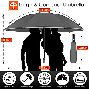 Bodyguard Inverted Umbrella Large Windproof Umbrellas for Rain Sun Travel Umbrella Compact with Reflective Stripe, Gray-46 INCH